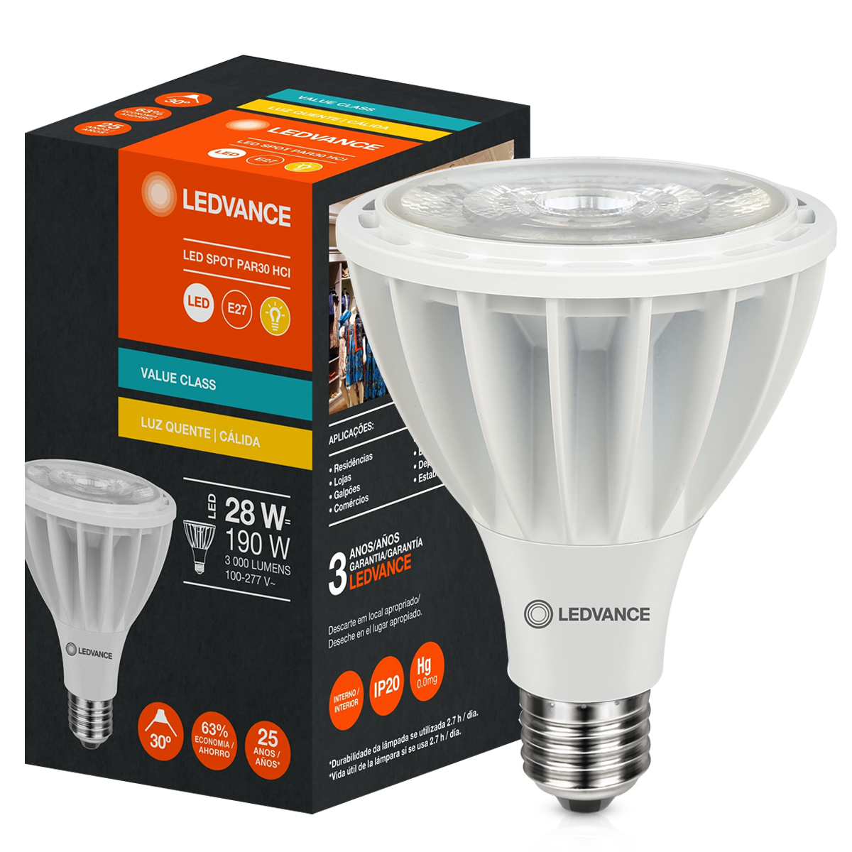 Lâmpada Led Par30 28W E27 3000K Luz Amarela 3000Lm 25000H - Ledvance