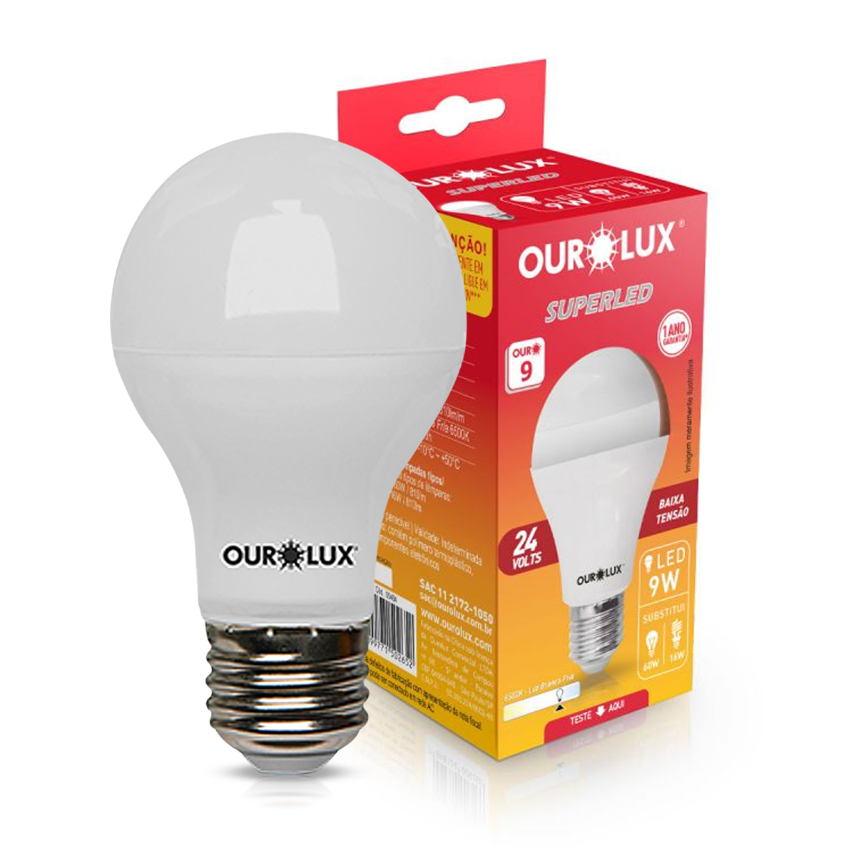 Lâmpada Led Bulbo A60 9w 24Vdc E27 6500K Luz Branca Ourolux